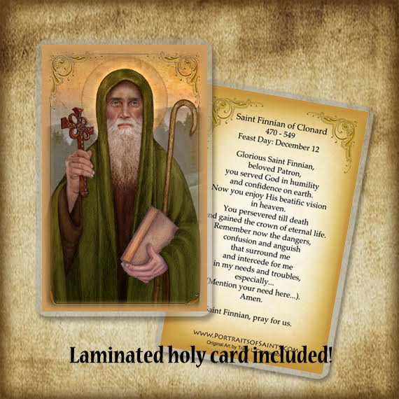 St. Finnian of Clonard Plaque & Holy Card Gift Set - Portraits of Saints